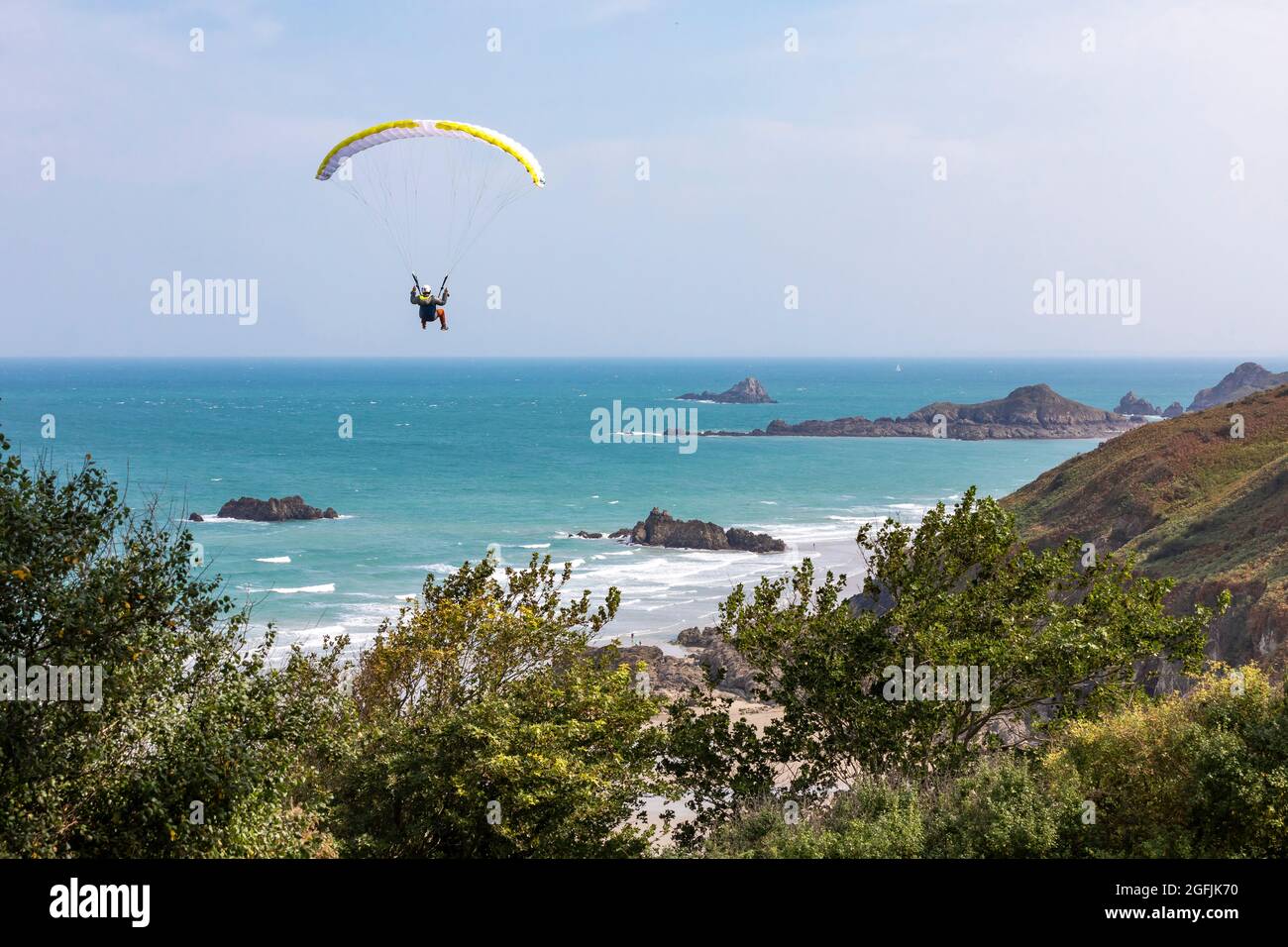 Paragliding along the coasts and cliffs of Plouha (Brittany, north ...