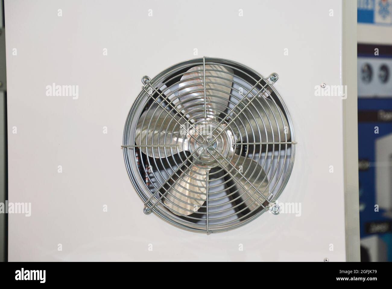 A close-up on a clean external, outside unit of the air conditioner ...