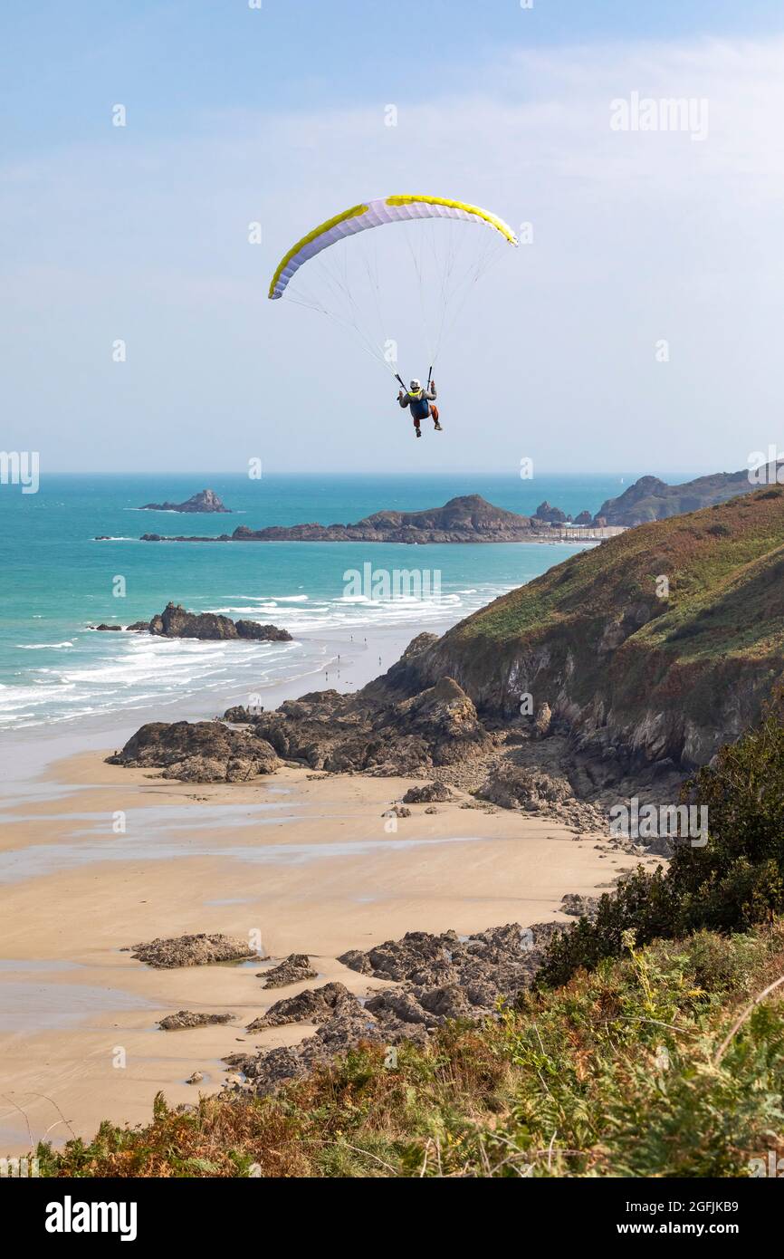 Paragliding along the coasts and cliffs of Plouha (Brittany, north ...