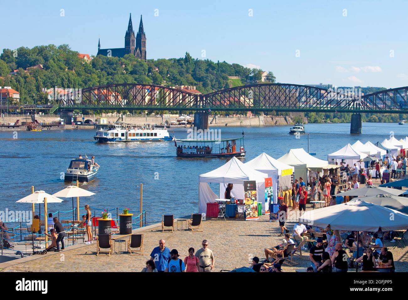 Czech Republic, Prague - Shops and restaurants at popular Smichov quay ...