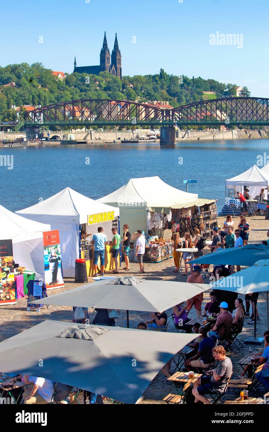Czech Republic, Prague - Shops and restaurants at popular Smichov quay ...