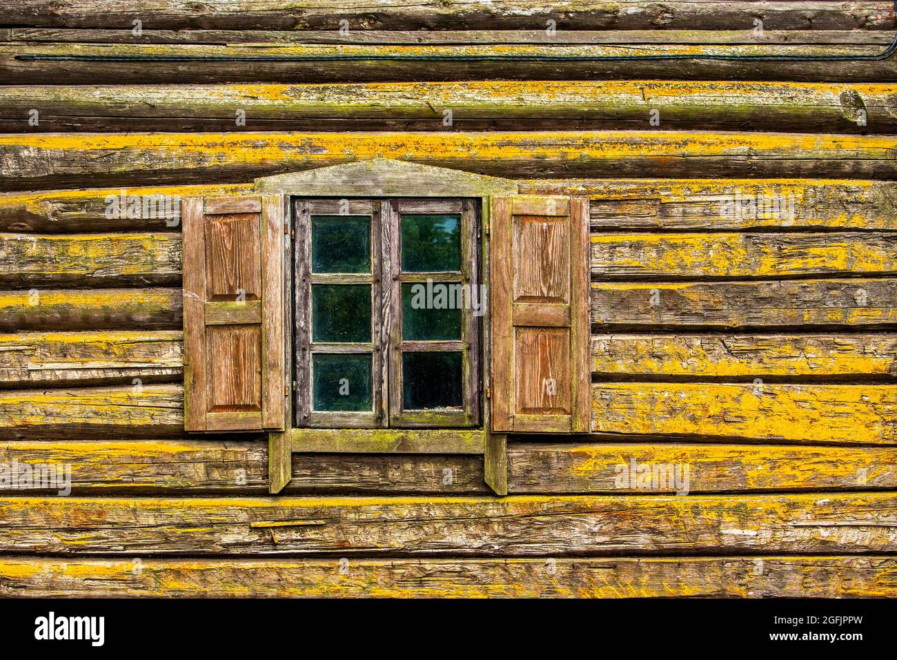 Old wooden log house,window with open shutters Stock Photo - Alamy