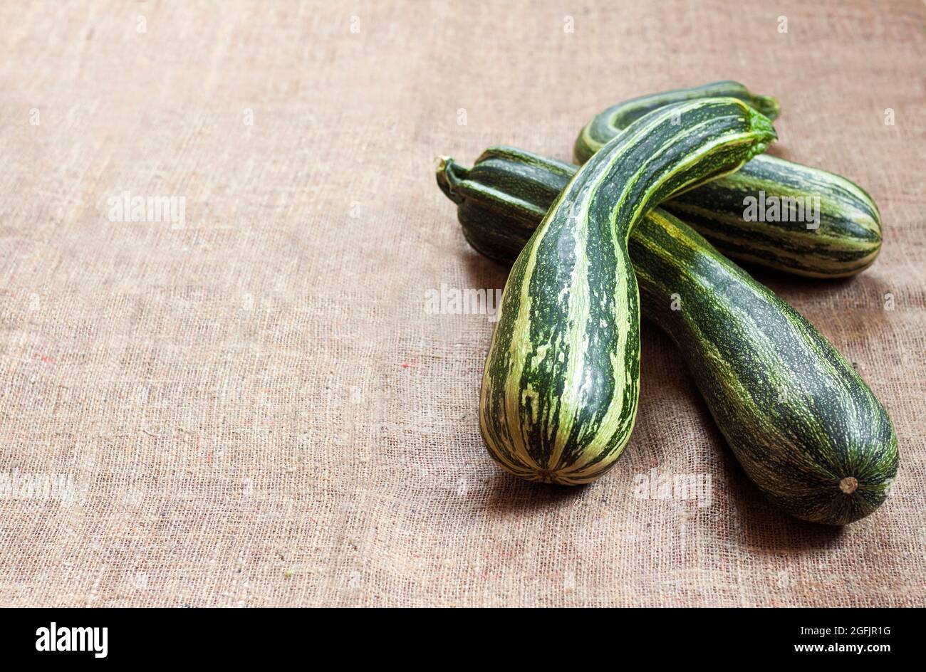 Fresh striped zucchini on sackcloth background with copy space Stock ...