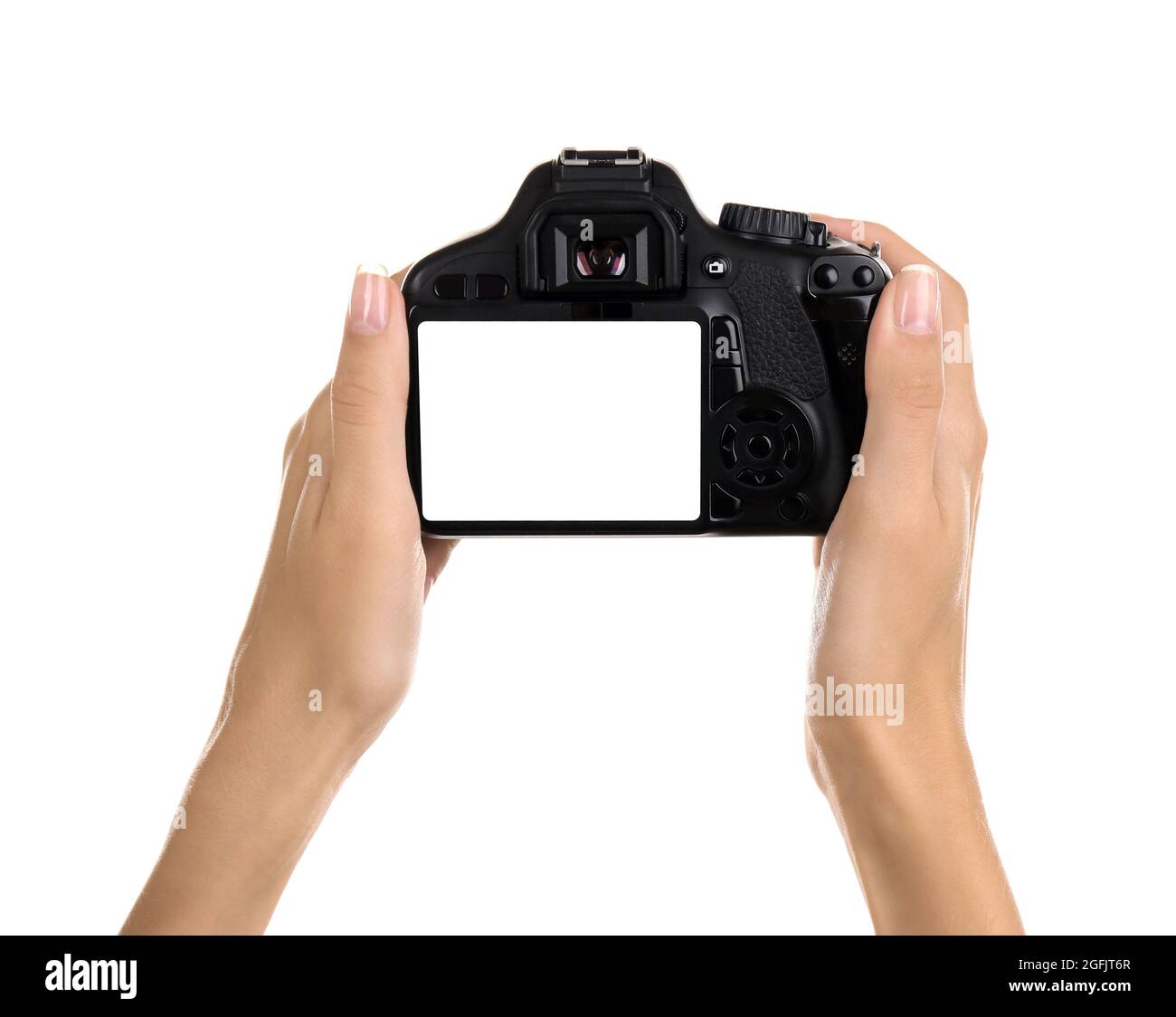 Female hands holding camera, isolated on white Stock Photo - Alamy