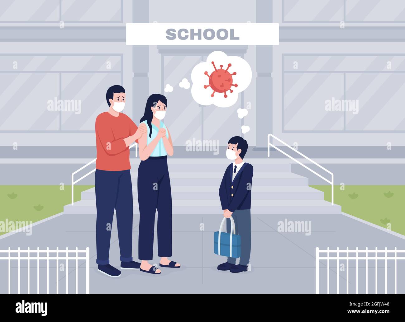 Worried parents see their son off to lessons flat color vector ...