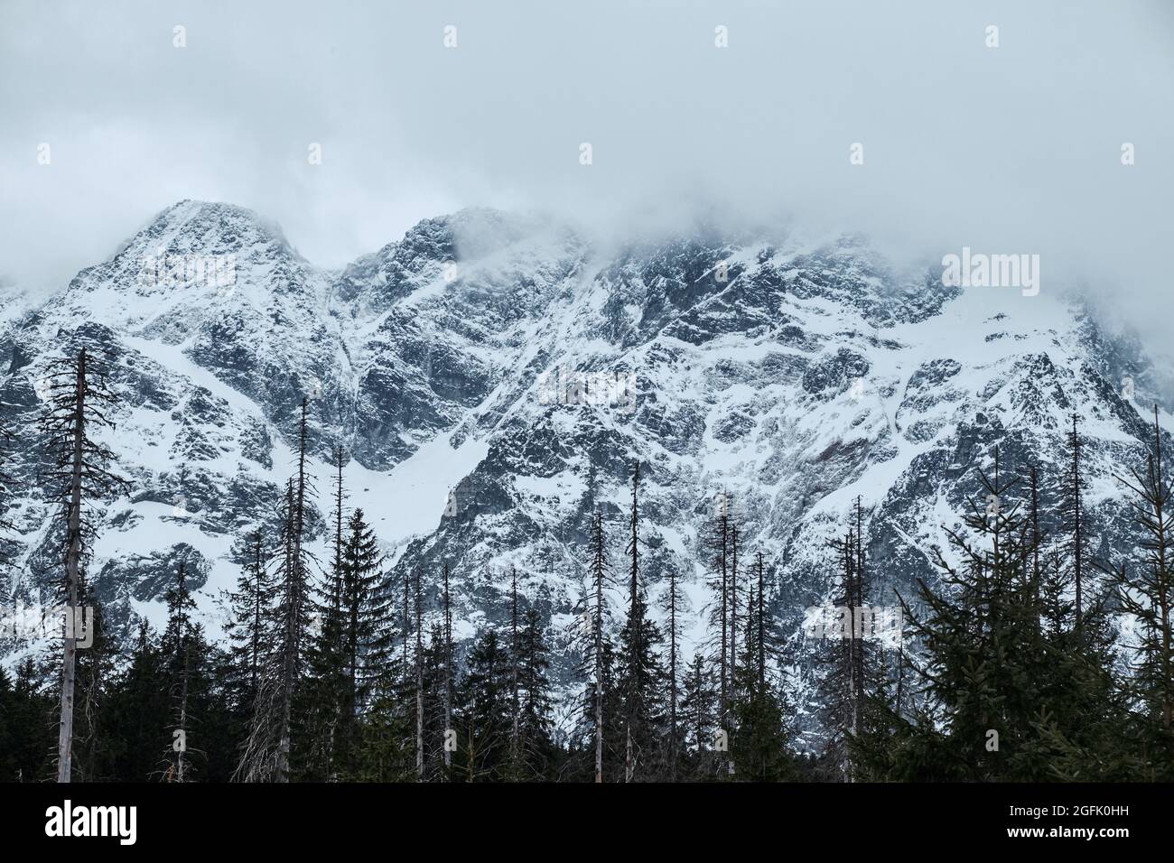 Scenery High Tatras view in the winter. Peaks are covered by clouds ...