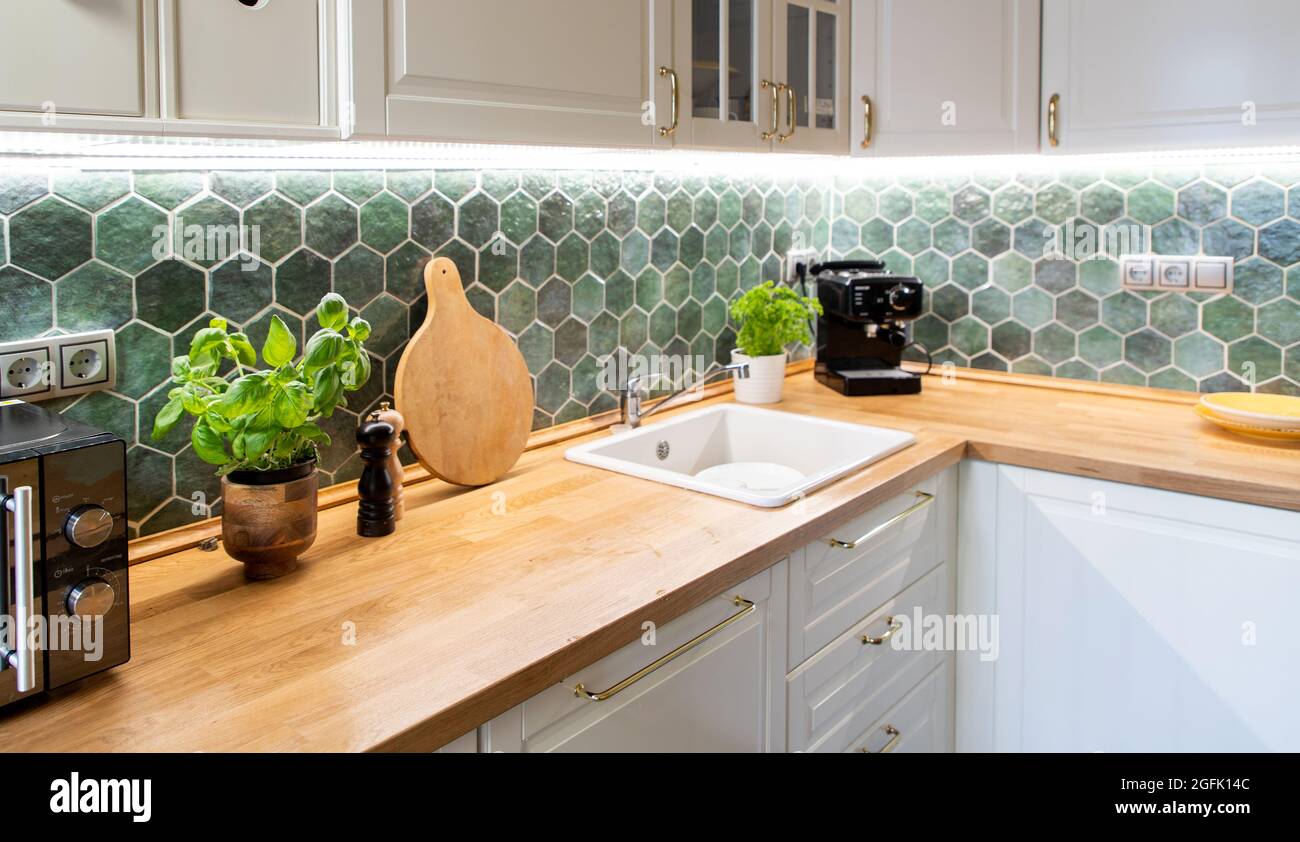 modern kitchen interior with white furniture home background Stock ...
