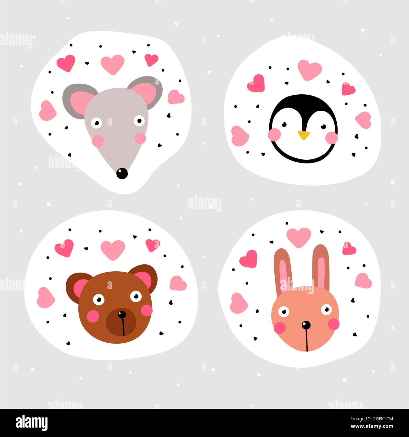 Kawaii animals sticker Set. Cute rabbit, mouse, penguin, bear in love ...