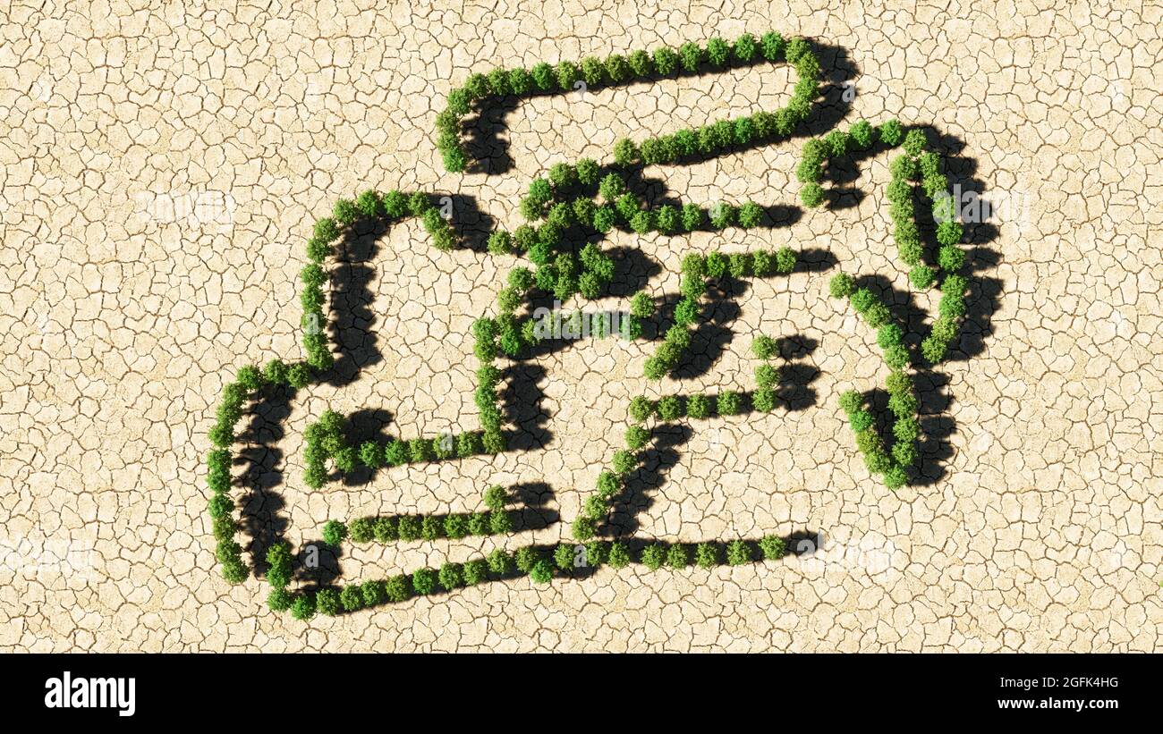 Concept or conceptual group of green forest tree on dry ground ...