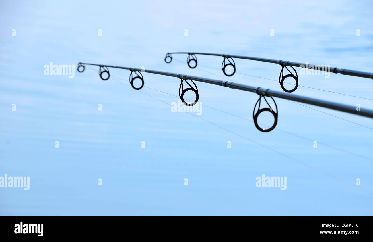 Diminishing perspective of fishing rods over blue water background with ...