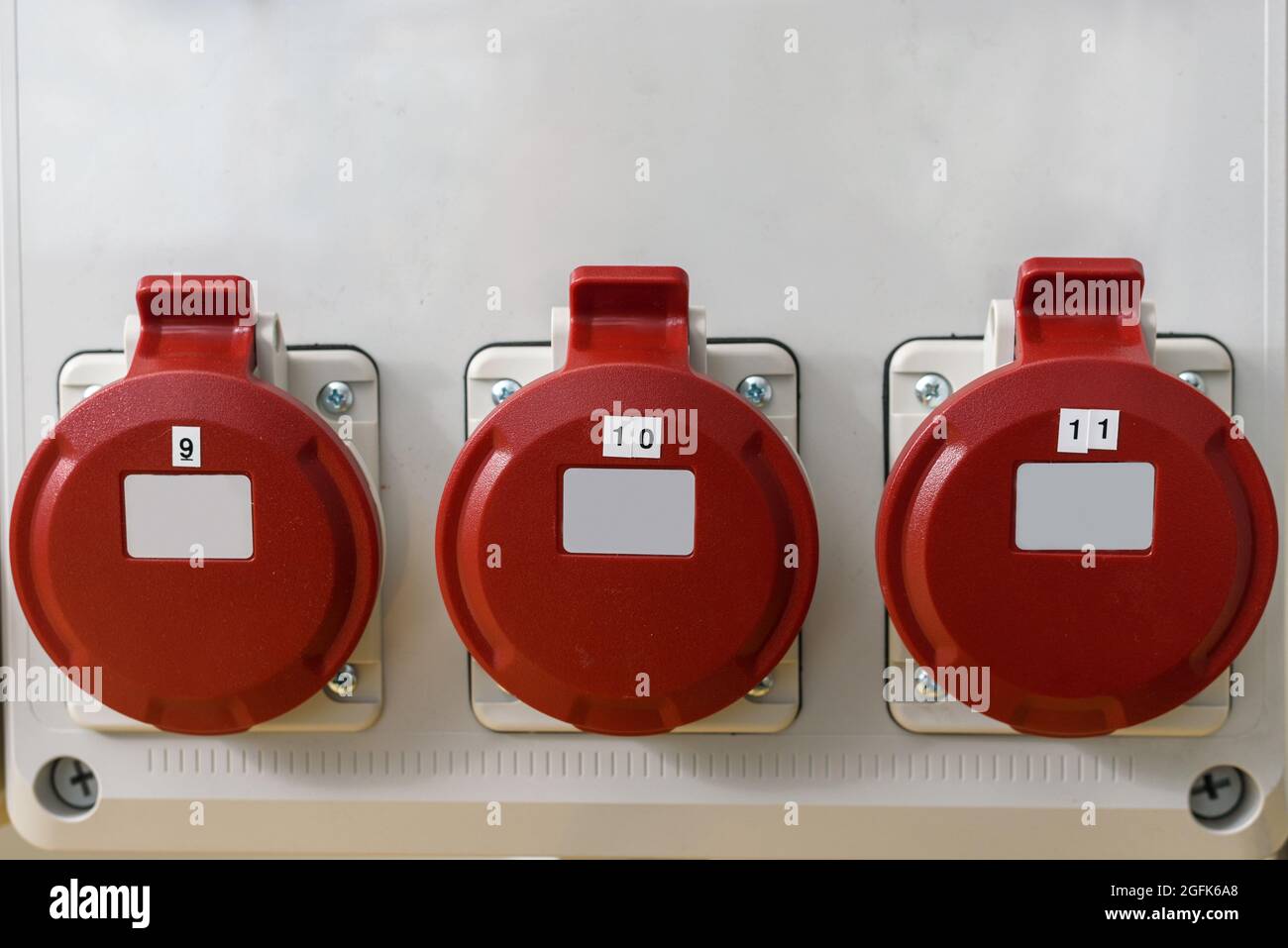 Industrial sockets on distribution board. Construction site electricity ...