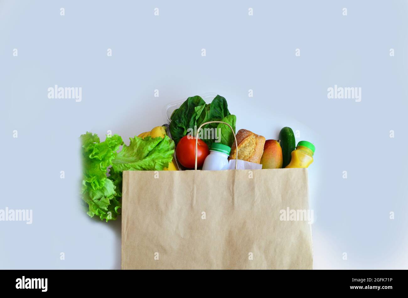 Healthy food in package of different fruits and vegetables, top view ...