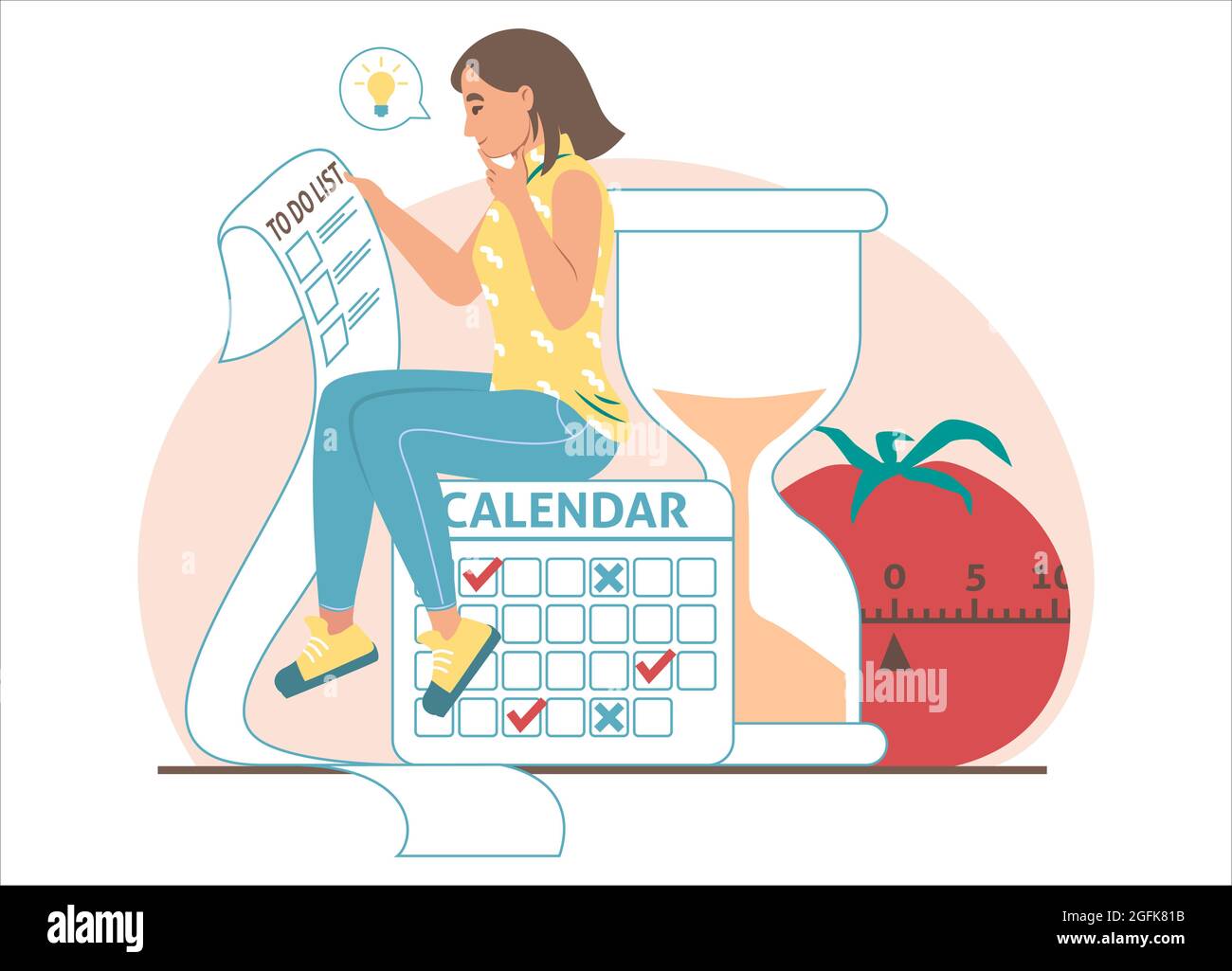 Woman sitting on huge calendar checking to do list, flat vector ...