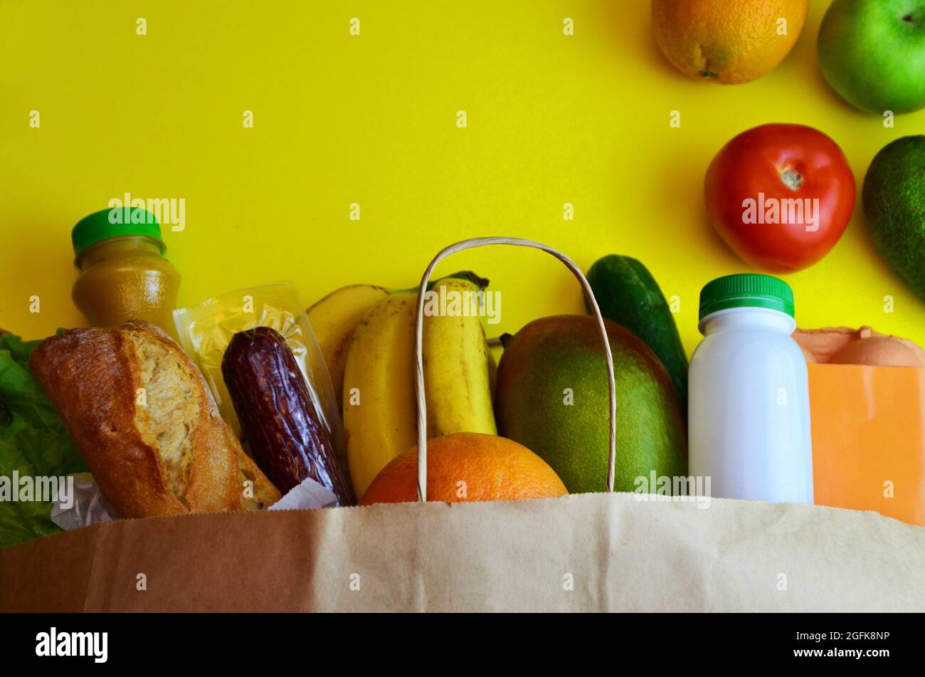 Healthy food in package of different fruits and vegetables, top view ...