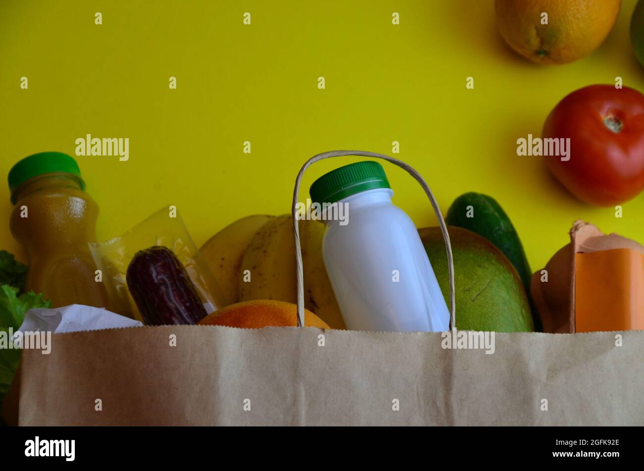 Healthy food in package of different fruits and vegetables, top view ...