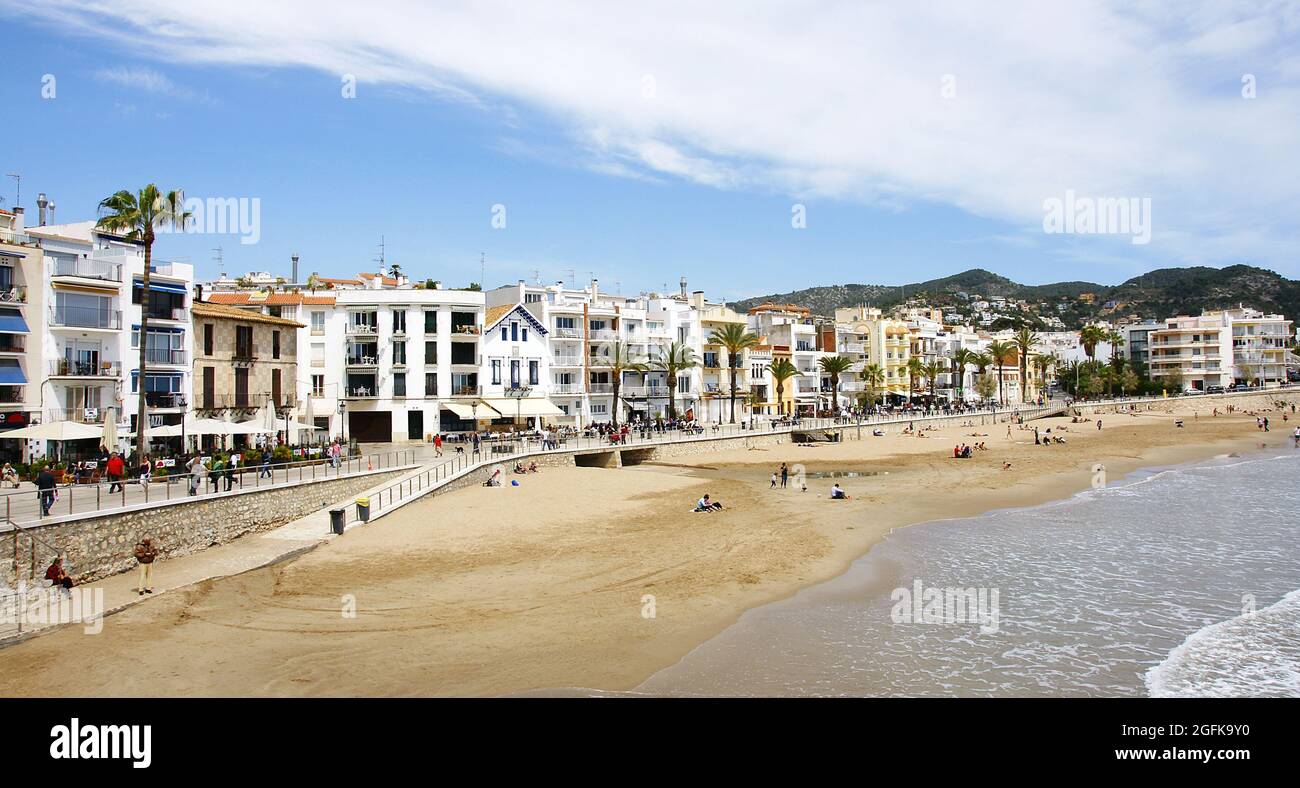 Panoramic of Sitges beach, Barcelona, Catalunya, Spain, Europe Stock ...