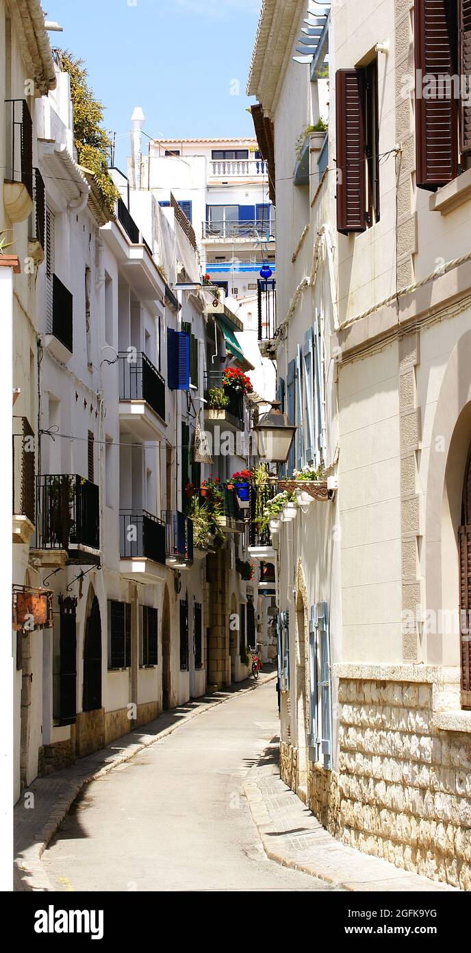 Typical streets of Sitges, Barcelona, Catalunya, Spain, Europe Stock ...