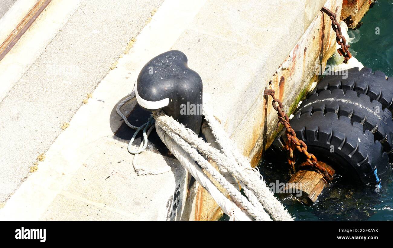 Moorings and shock absorbers in the port of Marseille, France, Europe ...