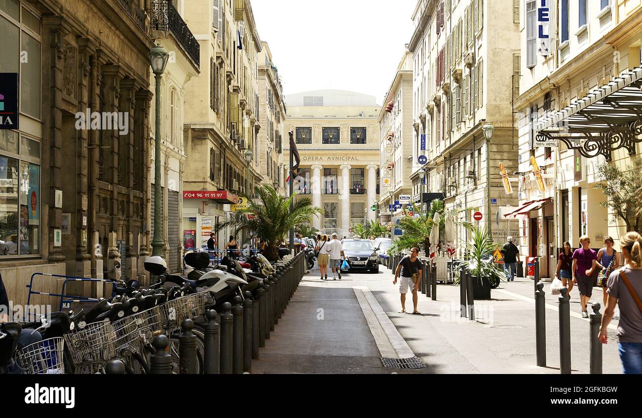 Marseille street with Opera building in the background, France, Europe ...