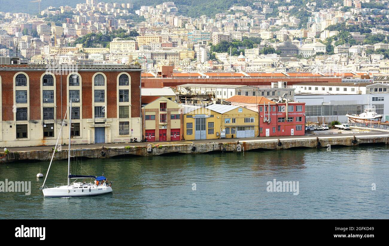 Panoramic of the port of Genova with sphere of the biosphere, Italy ...