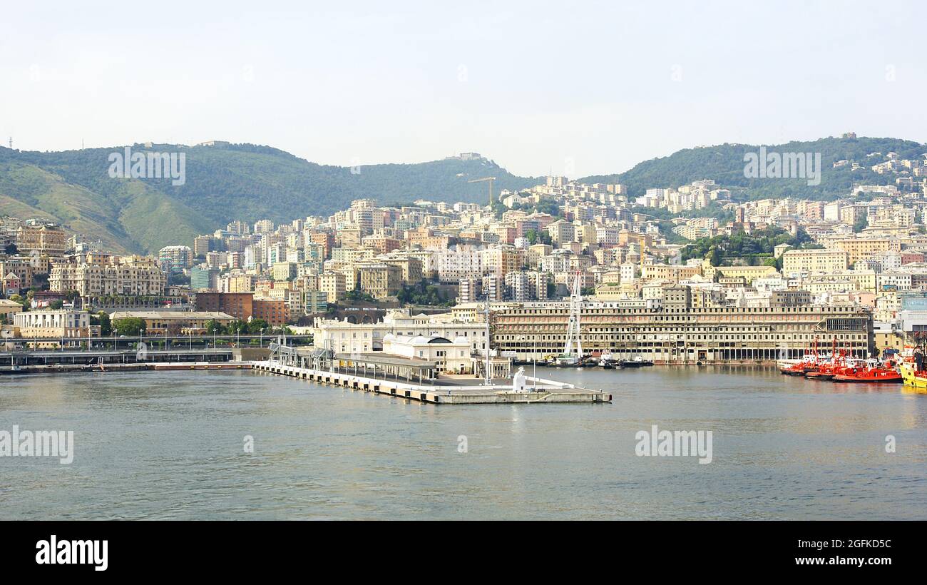 Panoramic of the port of Genova with sphere of the biosphere, Italy ...
