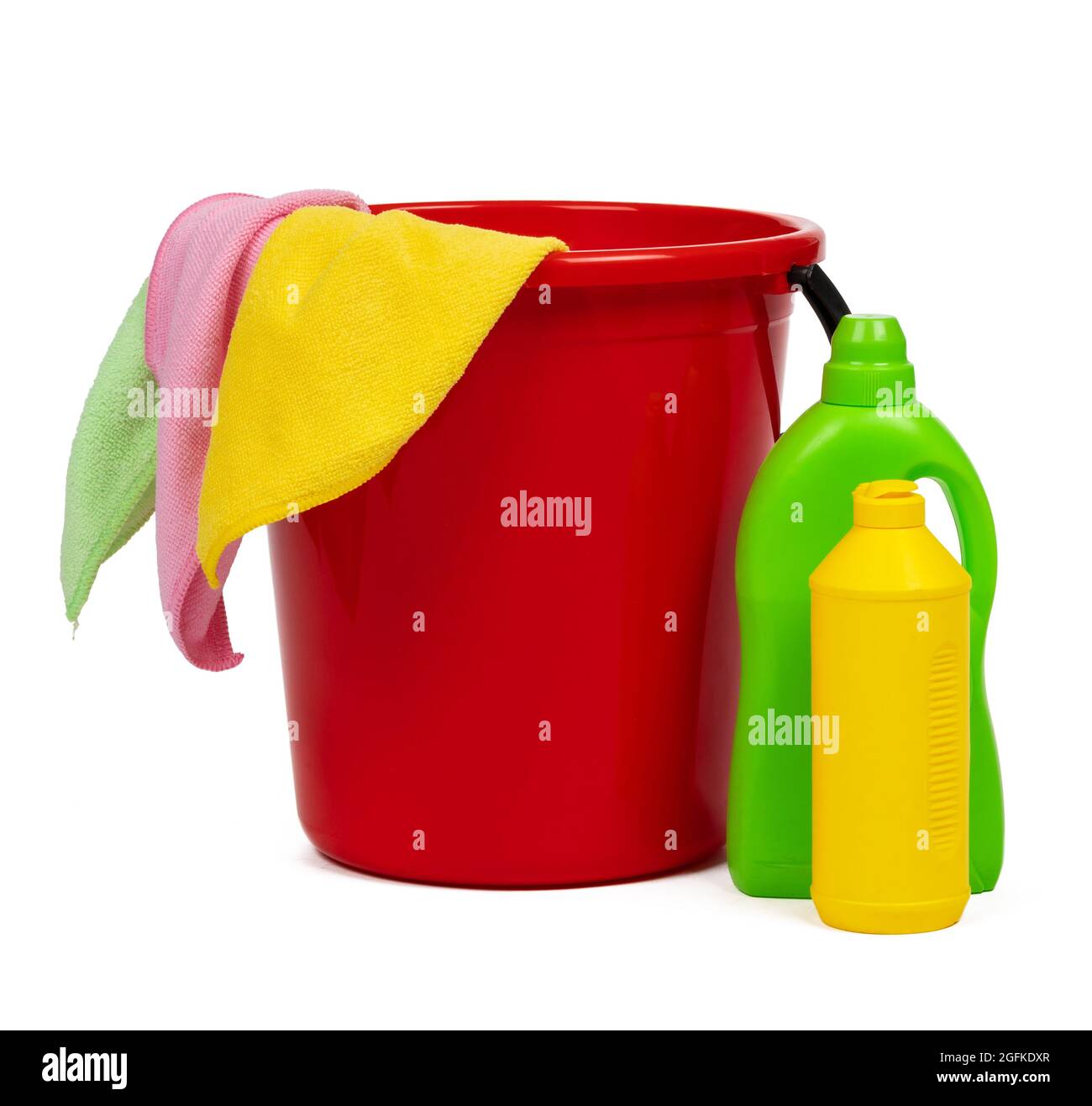 Cleaning tools and a red bucket isolated on white background Stock ...