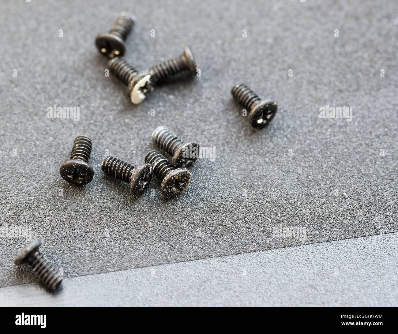 Small metallic screws on a grey background Stock Photo - Alamy