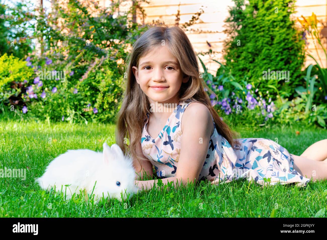 A beautiful girl holds a white bunny and smiles cheerfully. The girl ...