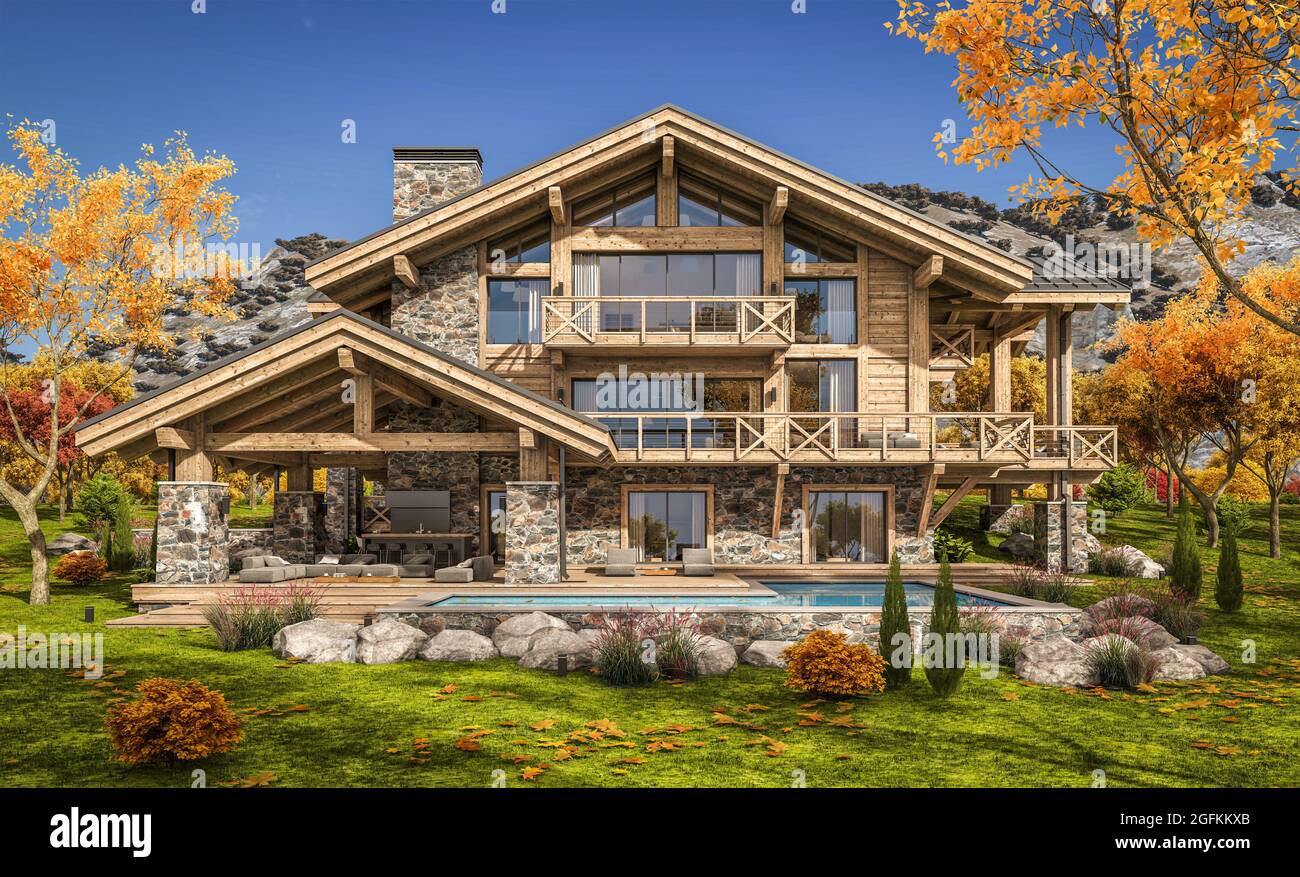 3d rendering of modern cozy chalet with pool and parking for sale or ...