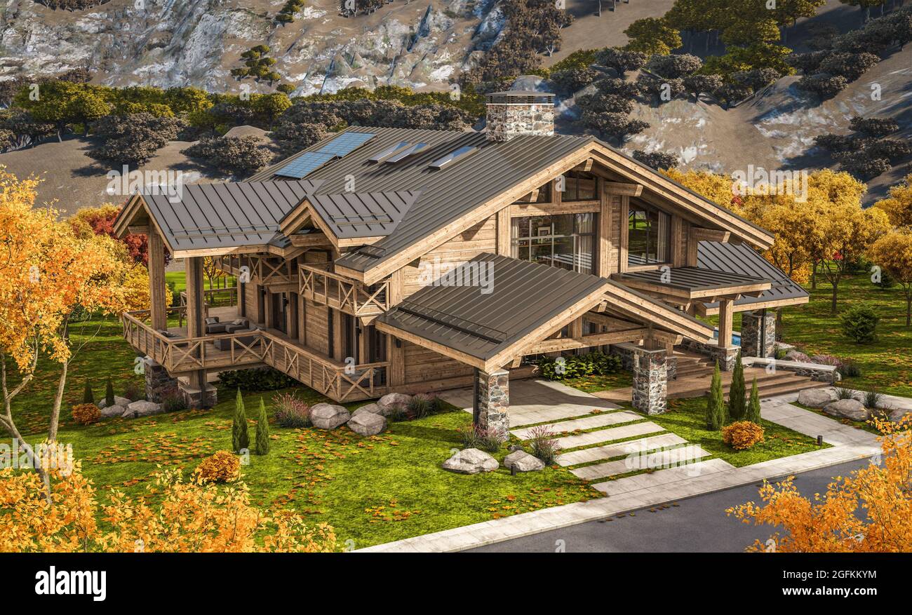3d rendering of modern cozy chalet with pool and parking for sale or ...