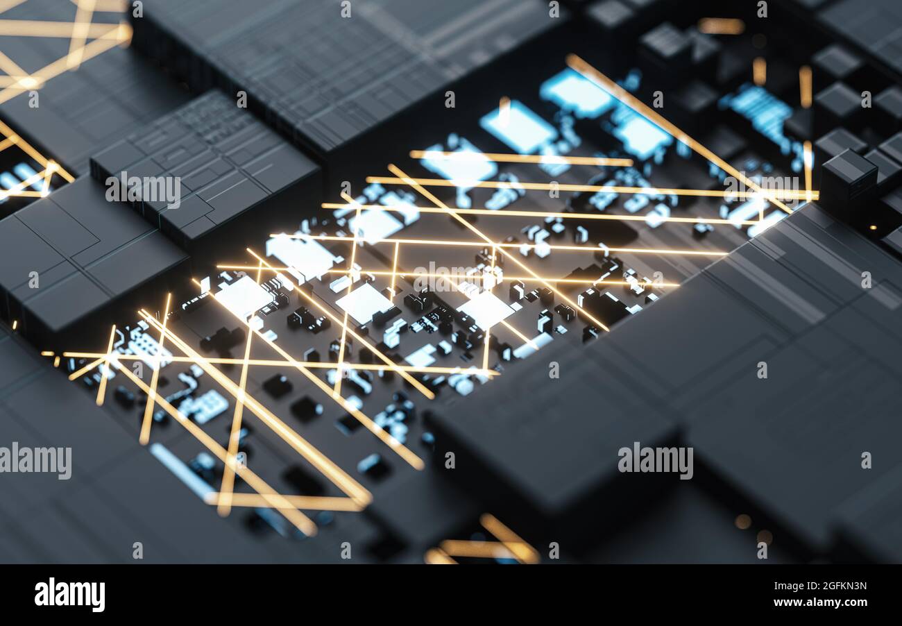 Circuits and cubes with black background, 3d rendering. Computer digital drawing Stock Photo - Alamy