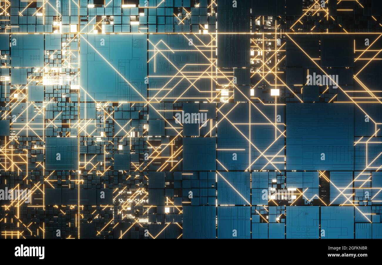 Circuits and electricity with blue background, 3d rendering. Computer ...