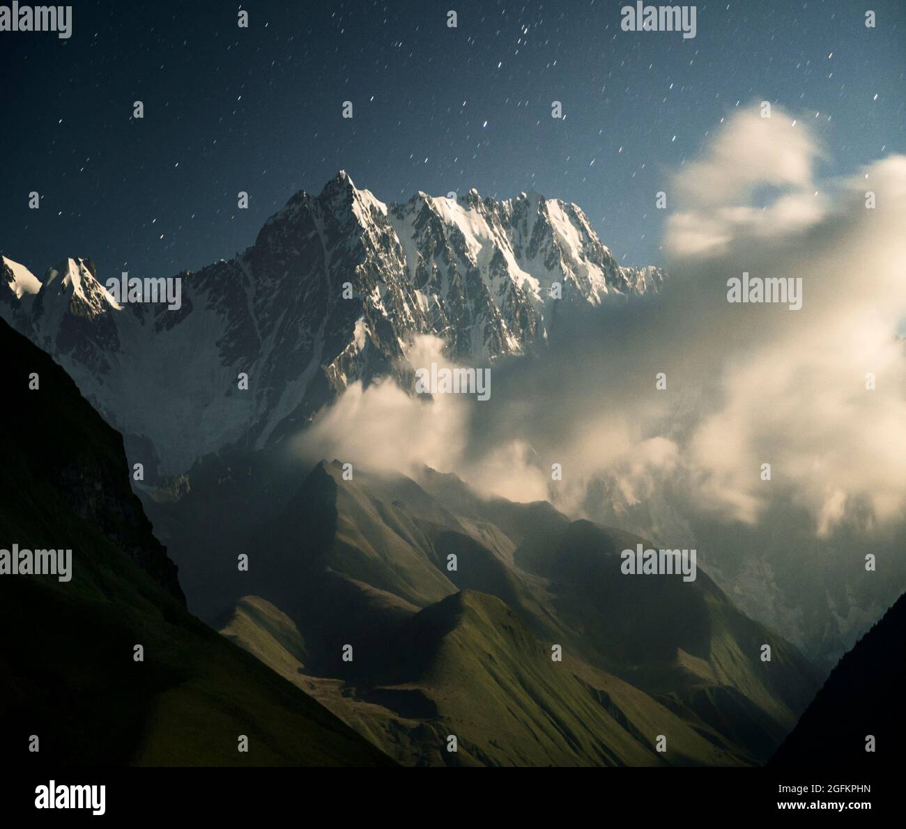 The Bezengi Wall of the Caucasus in Svaneti, Georgia, at night Stock ...