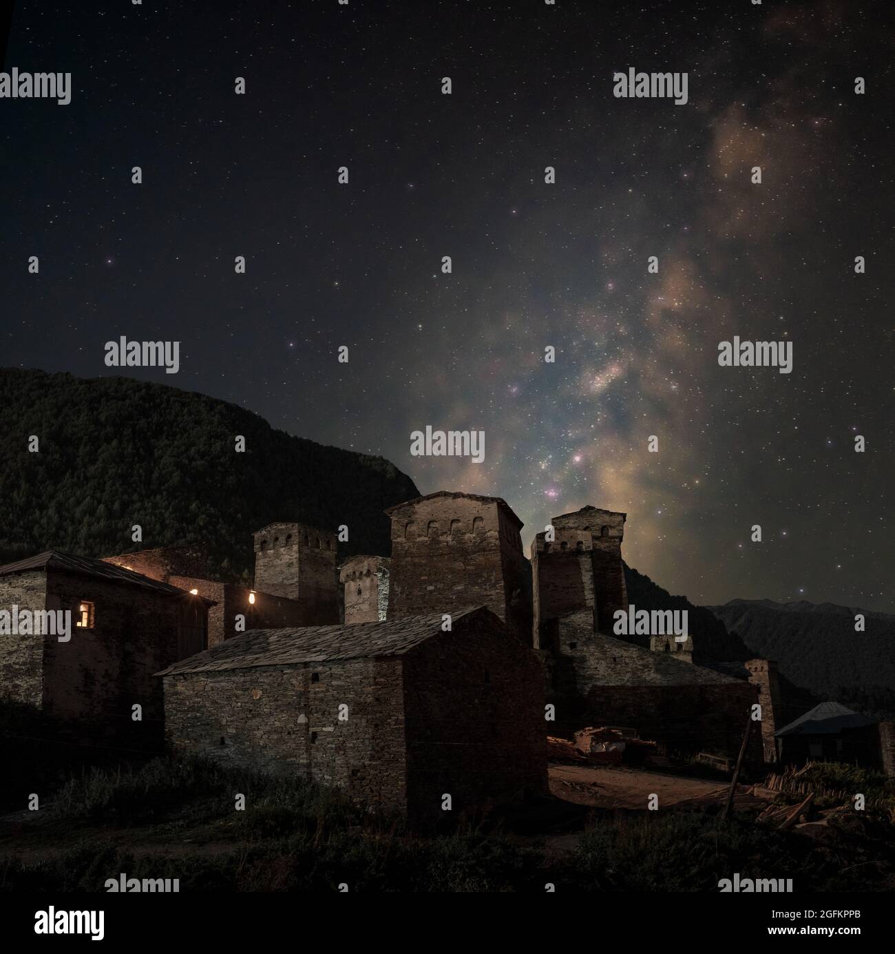 Ushguli Village with its defensive towers in Svaneti, Georgia, at night ...