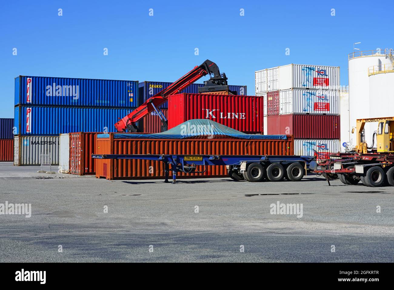 FREMANTLE, AUSTRALIA -3 JUL 2019- View of stacks of shipping containers ...