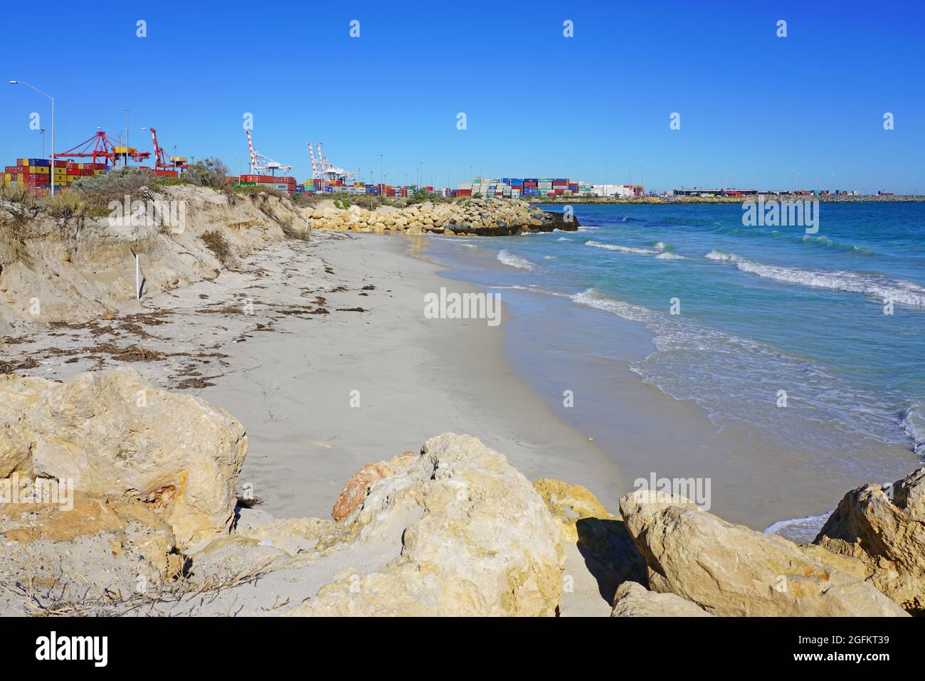 FREMANTLE, AUSTRALIA -3 JUL 2019- View of stacks of shipping containers ...