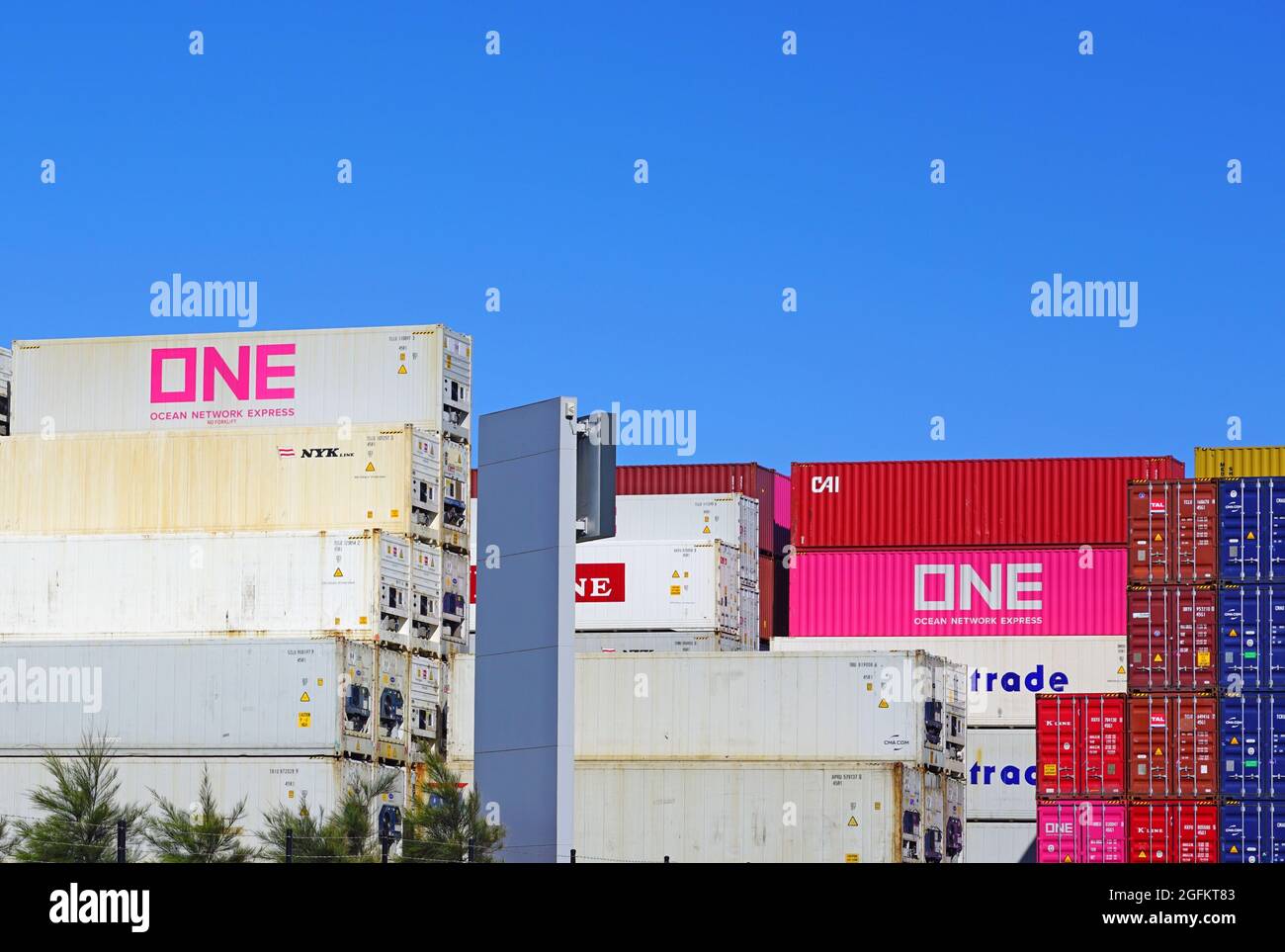 FREMANTLE, AUSTRALIA -3 JUL 2019- View of stacks of shipping containers ...