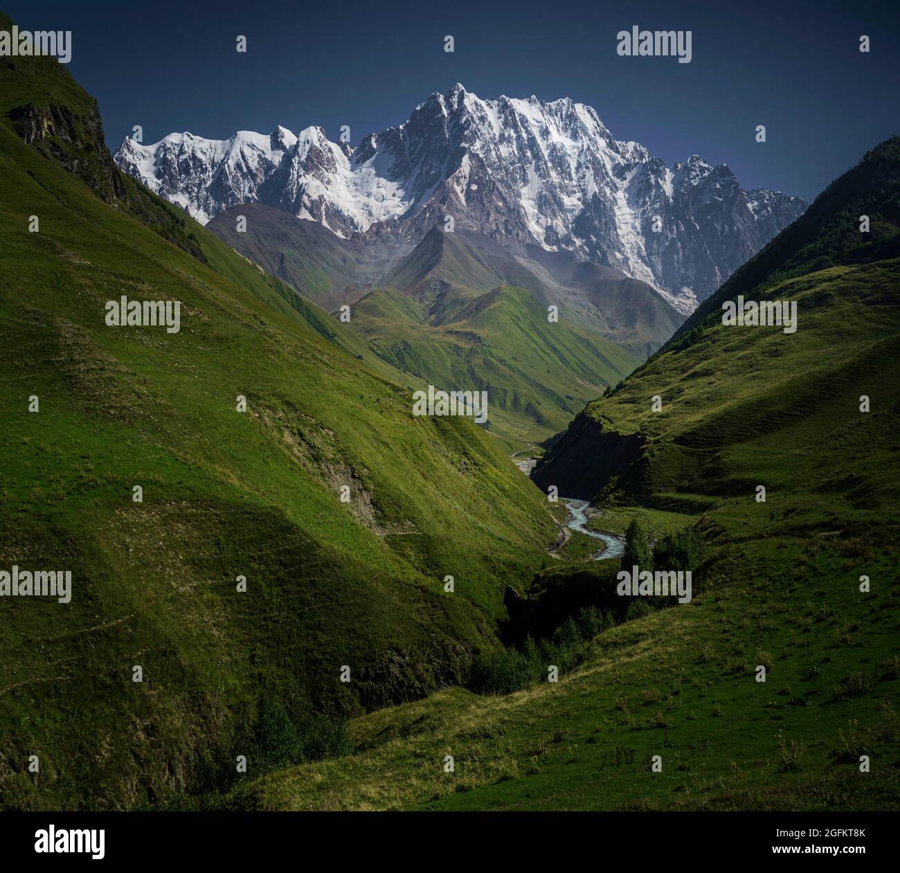 The epic snow-capped Bezengi Wall and valley of the Caucasus in Ushguli ...