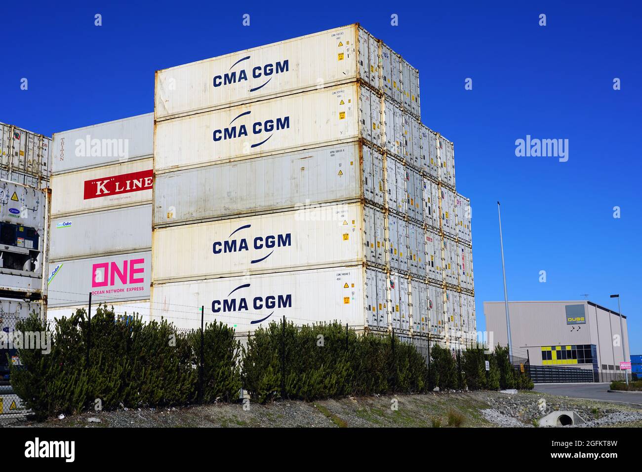 FREMANTLE, AUSTRALIA -3 JUL 2019- View of stacks of shipping containers ...