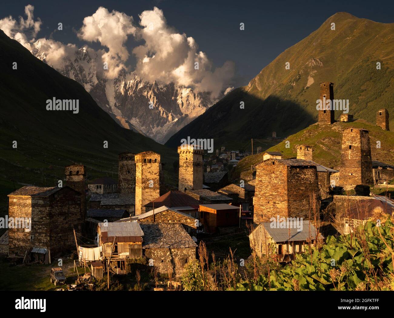Ushguli Village with its defensive towers in Svaneti, Georgia, at ...
