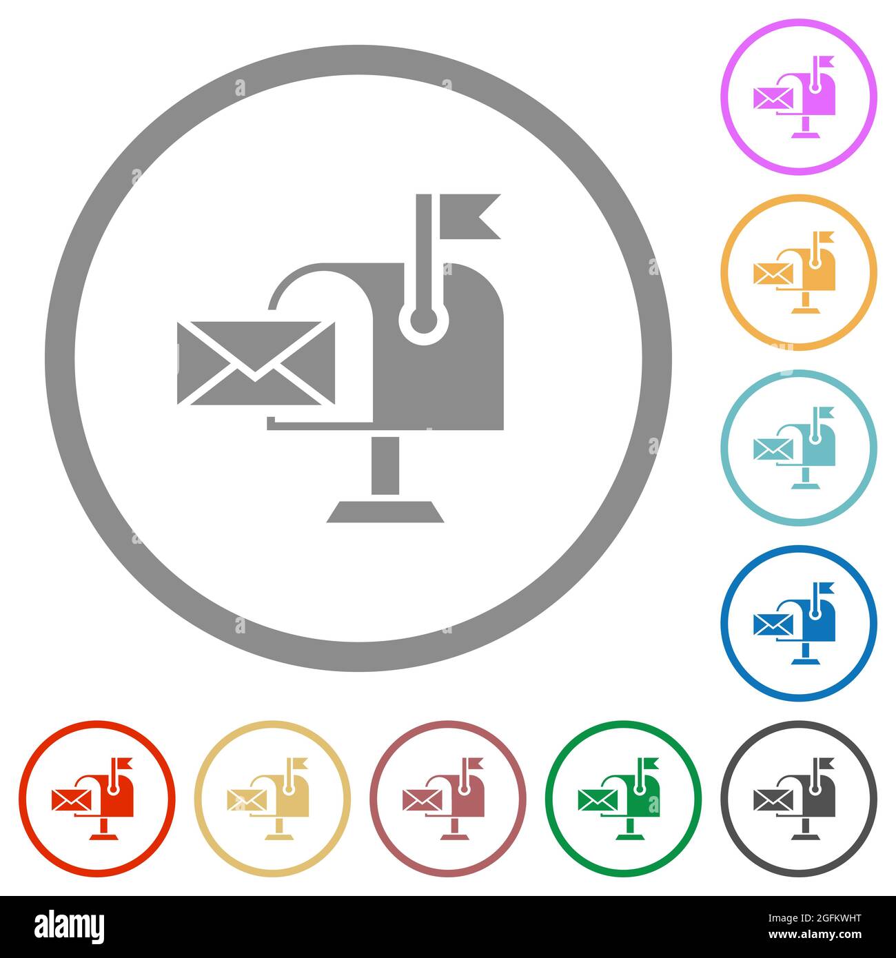 Mail received solid flat color icons in round outlines on white ...