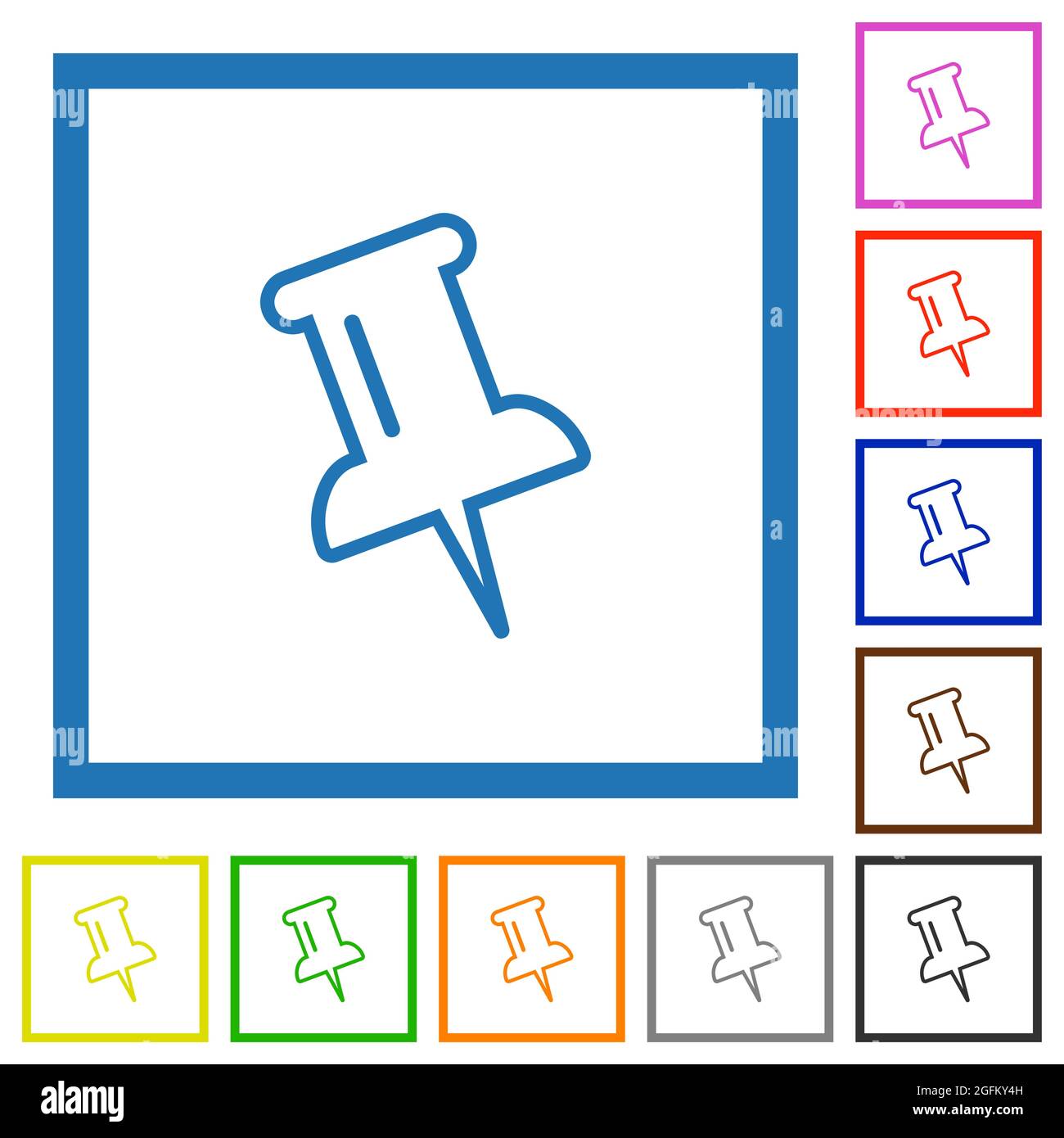 Push pin outline flat color icons in square frames on white background ...