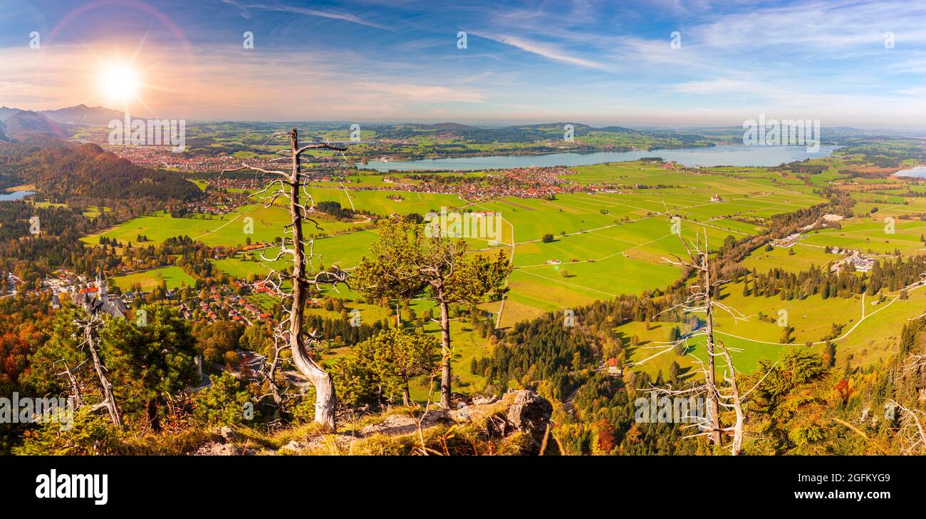 panoramic landscape with lake Forggensee in front of alps mountain ...