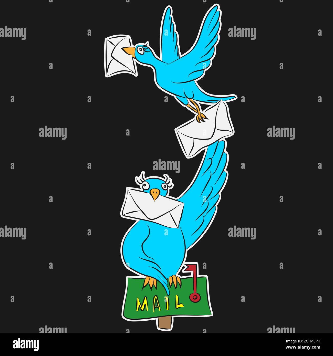 cartoon pigeons mail drawn on a black isolated background vector image ...
