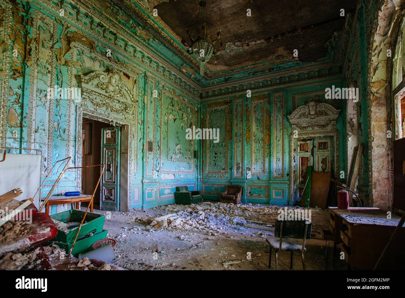 Old abandoned forgotten historical mansion, inside view. Former ...
