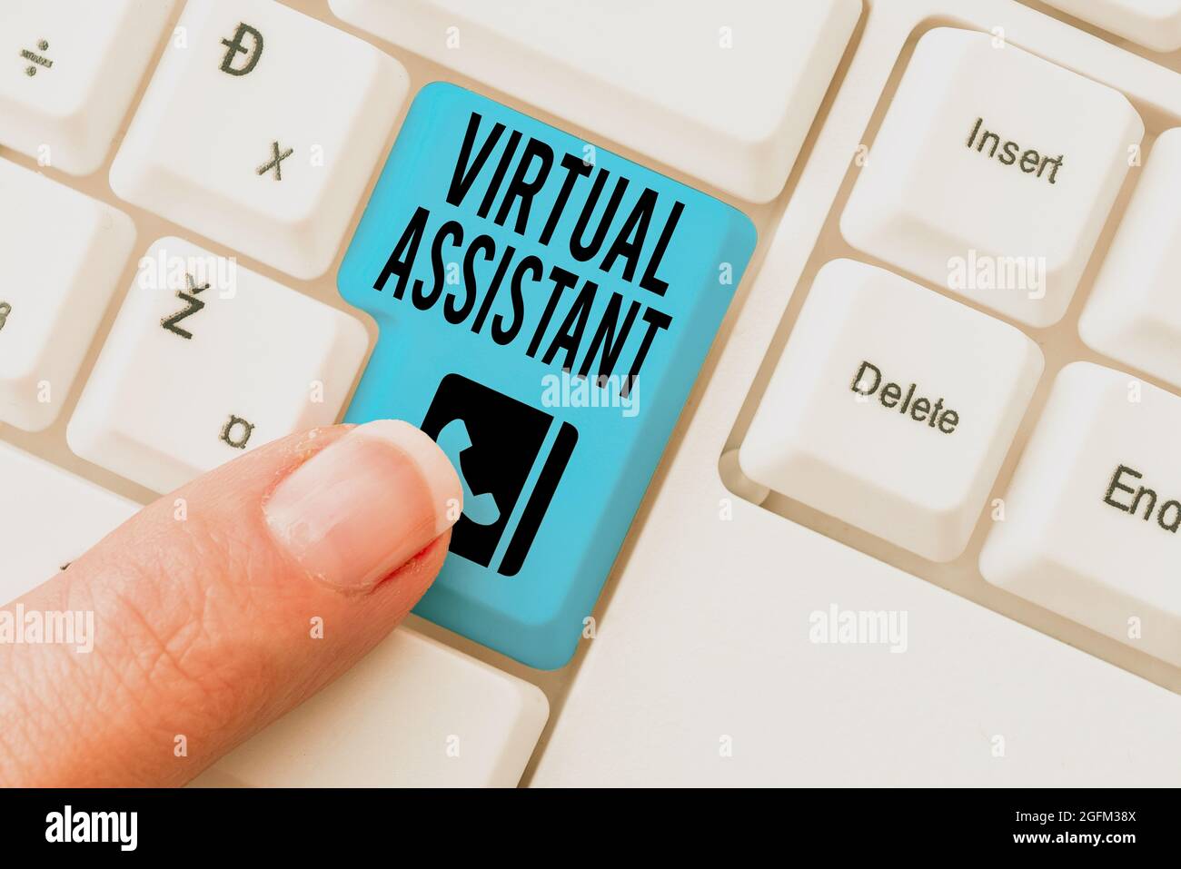 Conceptual caption Virtual Assistant. Word Written on person who ...