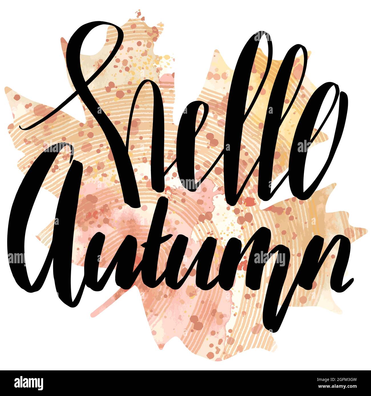 Hello Autumn lettering phrase on beige watercolor maple leaf background ...