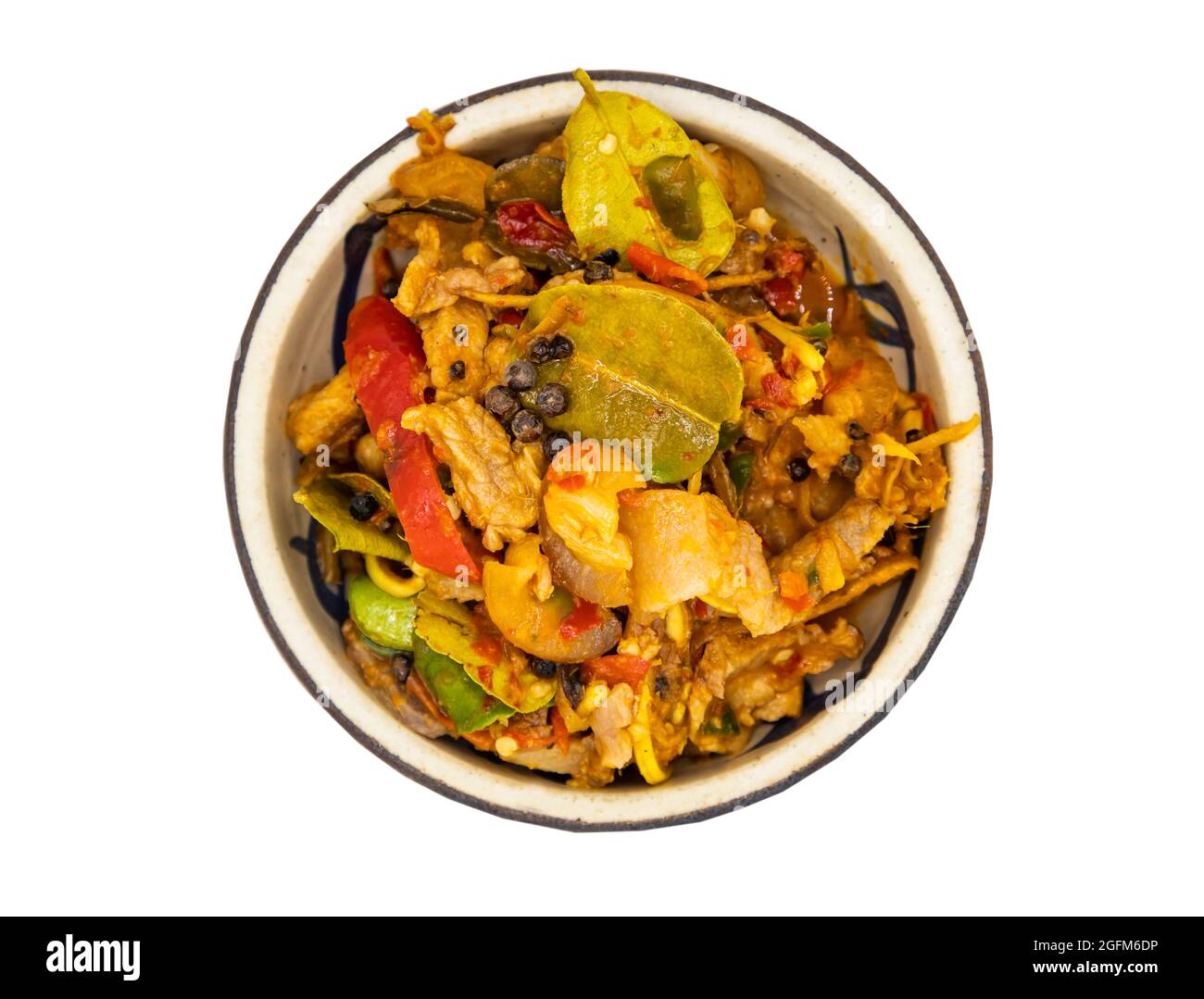 Stir fried spicy wild boar with red chili in White bowl on isolated on ...