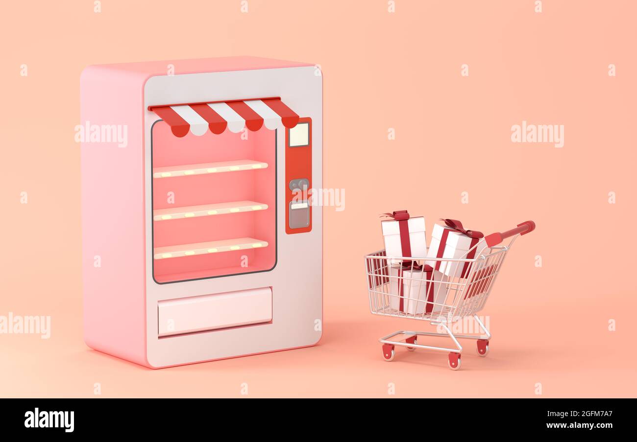 Empty vending machine and presents with pink background, 3d rendering. Computer digital drawing ...