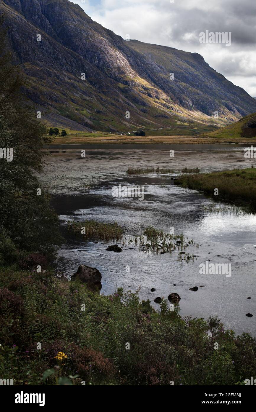 Mountains and river Coe in Glencoe national nature reserve Stock Photo ...